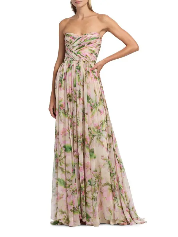 Monique Lhuillier Floral Chiffon Draped Strapless Gown