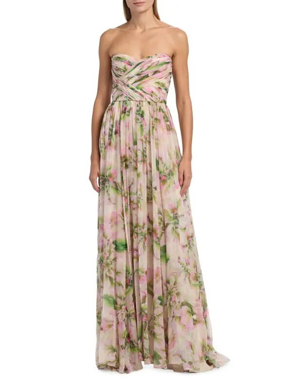 Monique Lhuillier Floral Chiffon Draped Strapless Gown