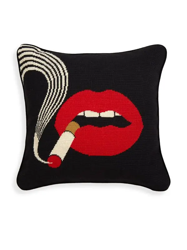 Jonathan Adler Smolder Lips Needlepoint Throw Pillow - Black