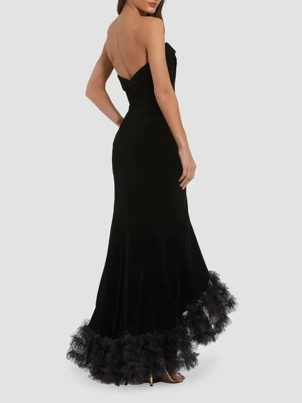 Mac Duggal Frilled-slit Crossover Bustier Gown