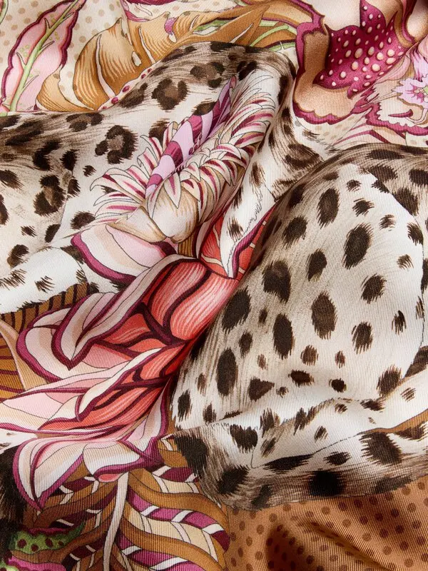 FERRAGAMO Leopard- & Floral-print Silk Scarf - Beige Camel
