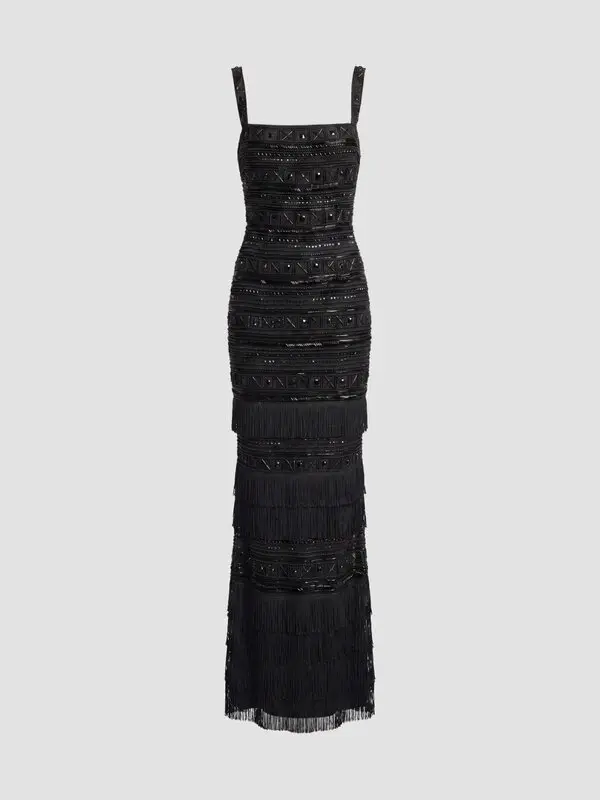 Mac Duggal Embellished Geometric Fringe Gown