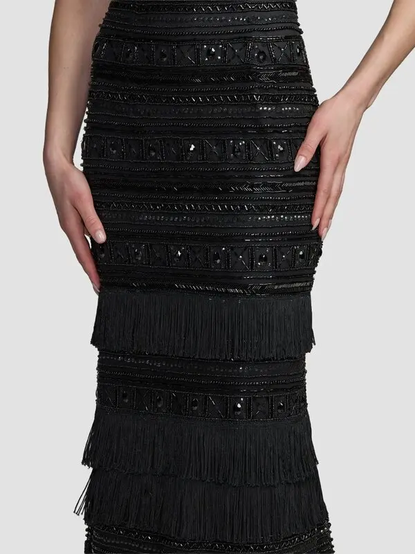 Mac Duggal Embellished Geometric Fringe Gown