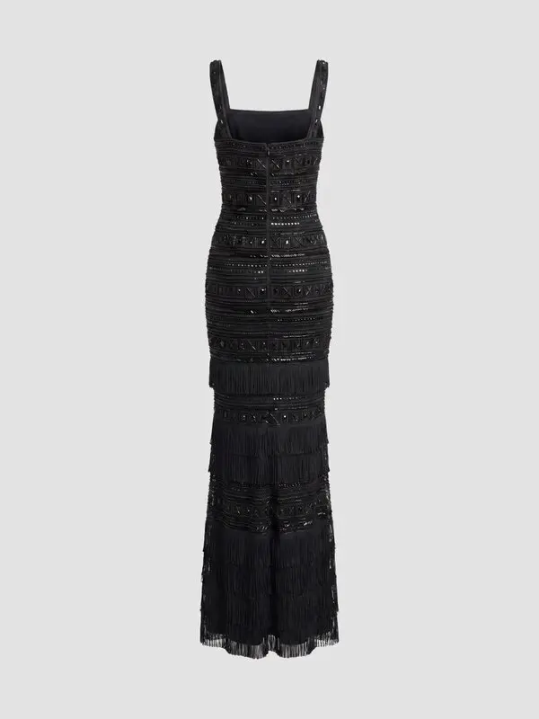 Mac Duggal Embellished Geometric Fringe Gown