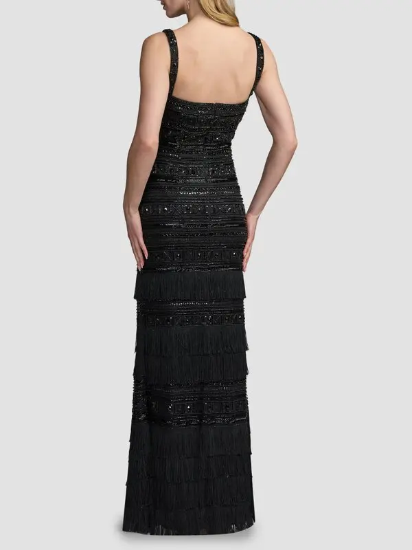 Mac Duggal Embellished Geometric Fringe Gown
