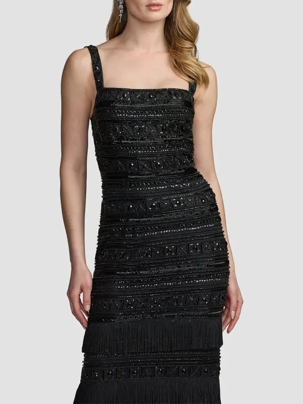 Mac Duggal Embellished Geometric Fringe Gown