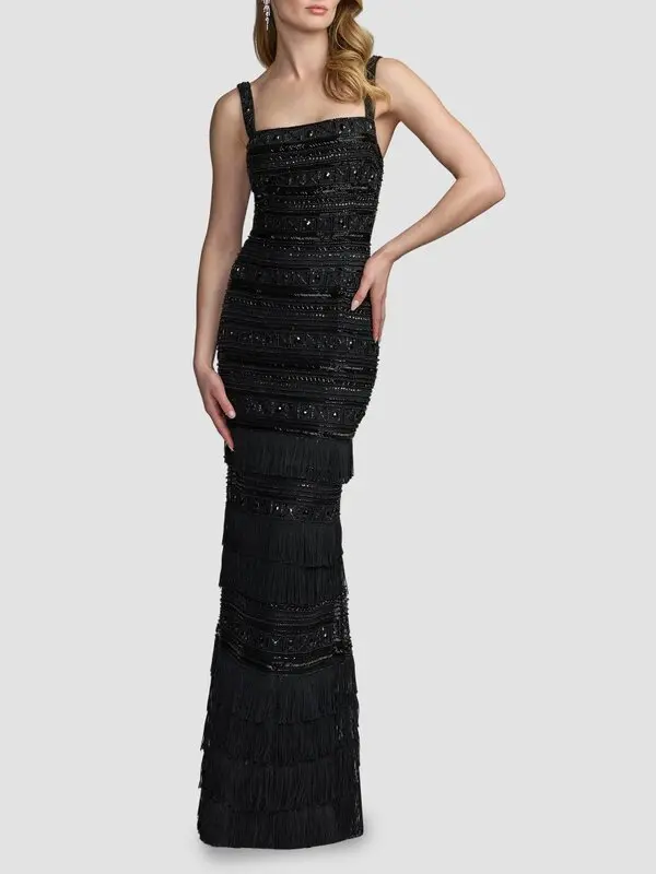 Mac Duggal Embellished Geometric Fringe Gown