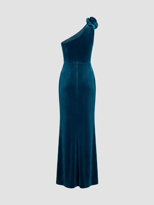 Mac Duggal Velvet Floral Detail One-shoulder Gown