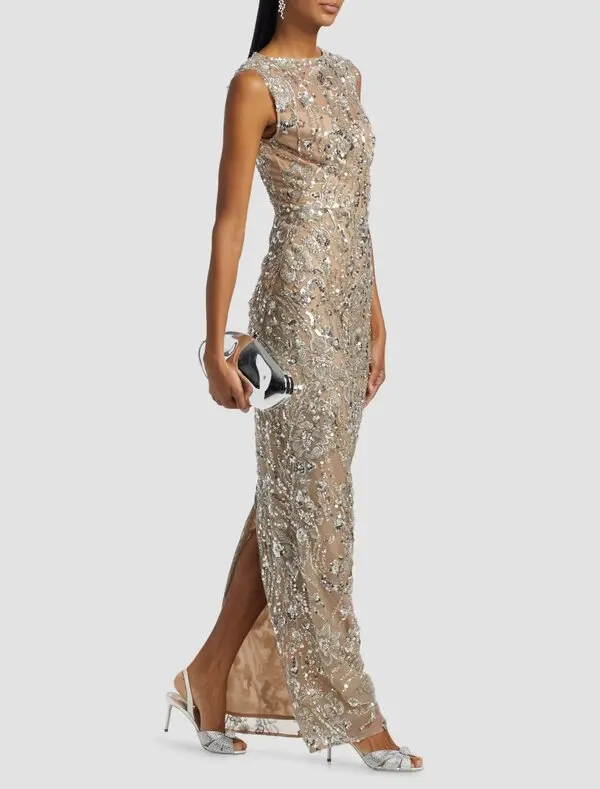 BRONX BANCO Violet Floral Sequin Gown