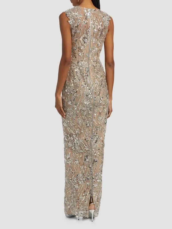BRONX BANCO Violet Floral Sequin Gown