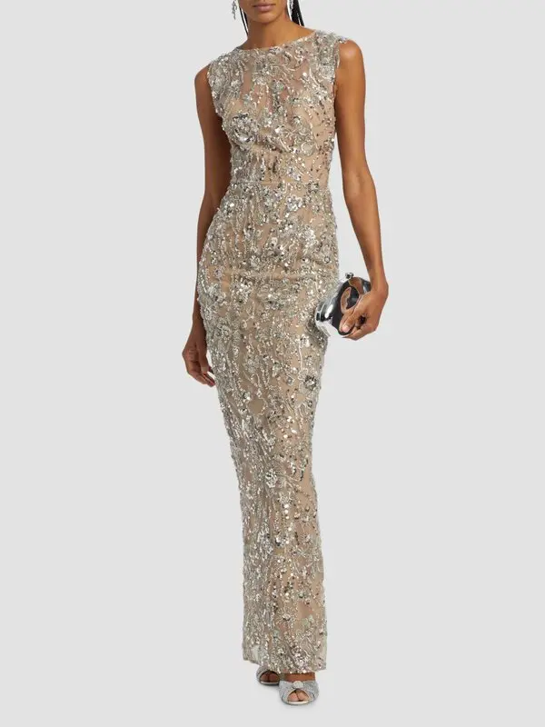 BRONX BANCO Violet Floral Sequin Gown