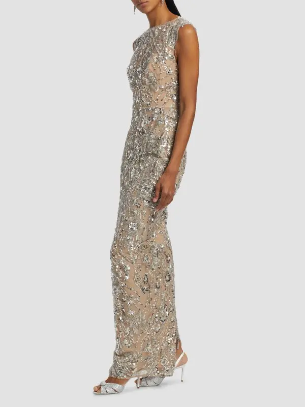BRONX BANCO Violet Floral Sequin Gown
