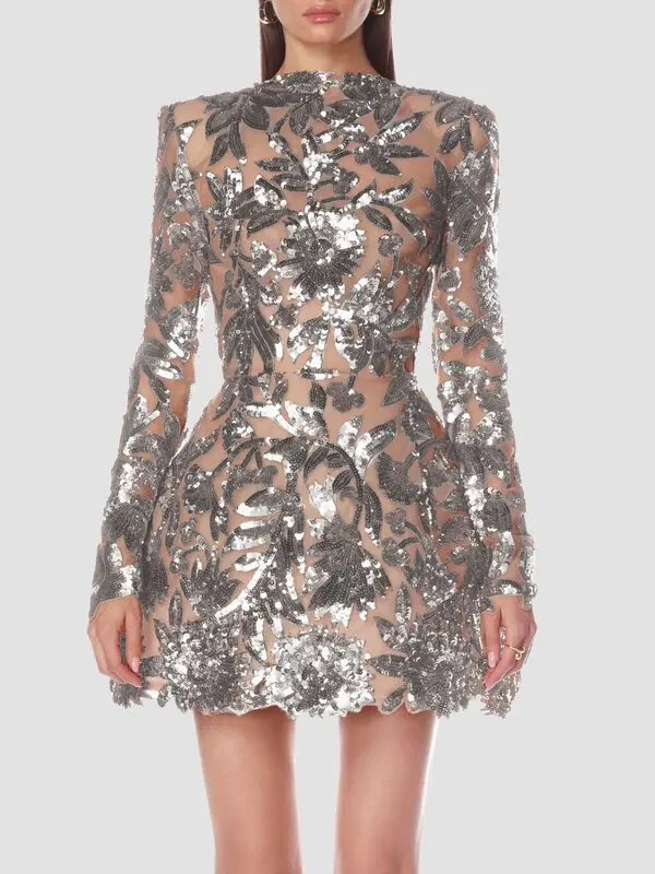 BRONX BANCO Sequined Floral Long-sleeve Mini Dress