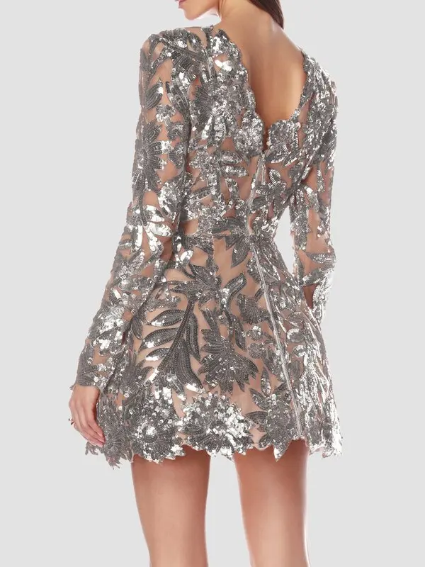 BRONX BANCO Sequined Floral Long-sleeve Mini Dress