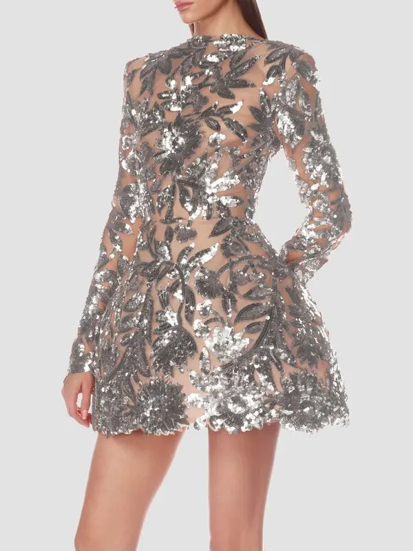 BRONX BANCO Sequined Floral Long-sleeve Mini Dress