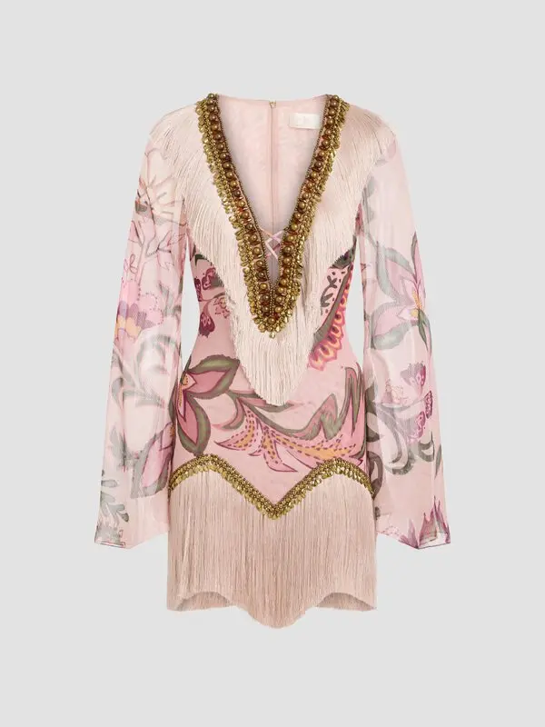 PatBO Embellished Fringed Floral Mini Dress