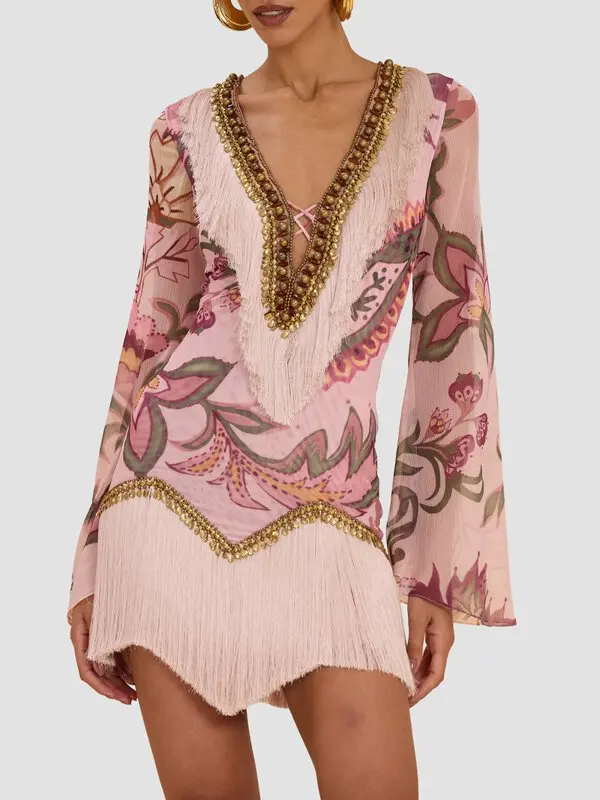 PatBO Embellished Fringed Floral Mini Dress