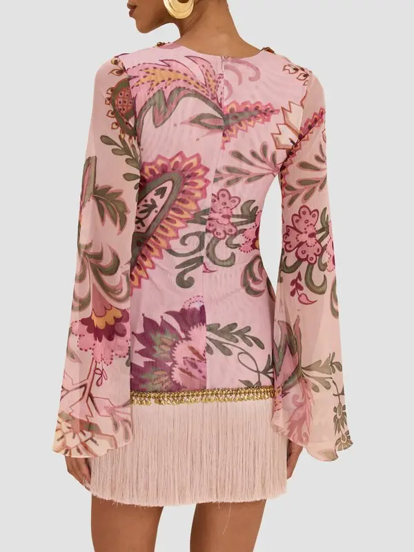 PatBO Embellished Fringed Floral Mini Dress