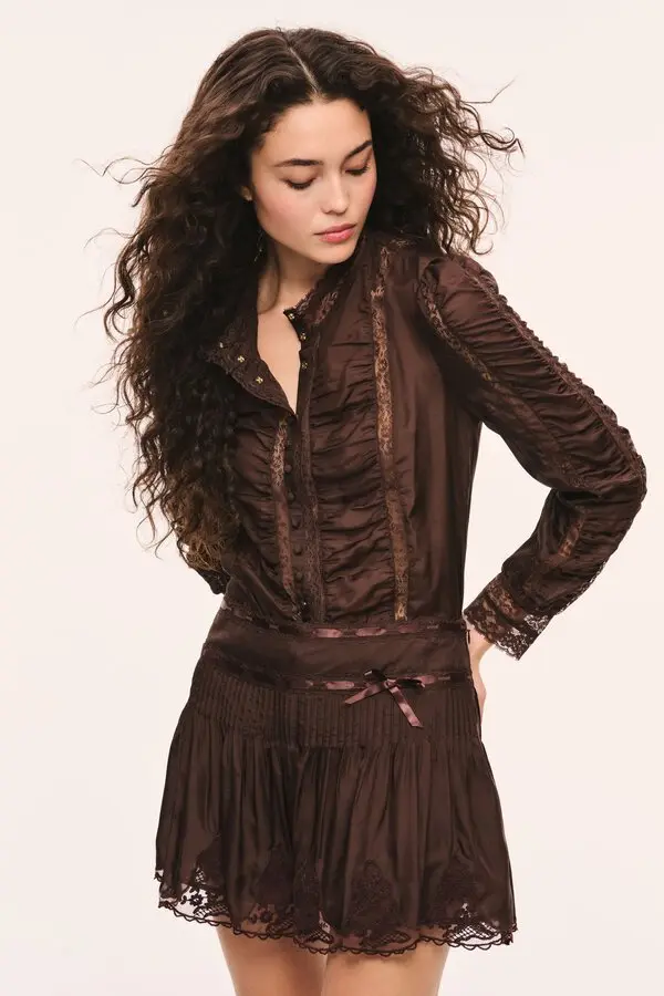 LoveShackFancy Jacque Silk Lace Blouse - Midnight Mocha