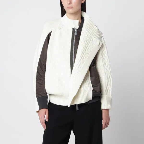 Sacai White/khaki Green Sweater In Wool And Nylon