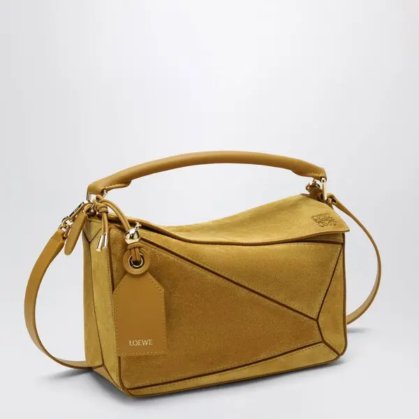 Loewe Ochre Small Featherlight Puzzle Bag In Suede - Yellow