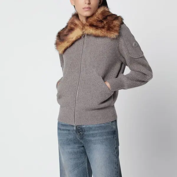 Moose Knuckles Wool Cardigan With Faux Fur Collar - Grey