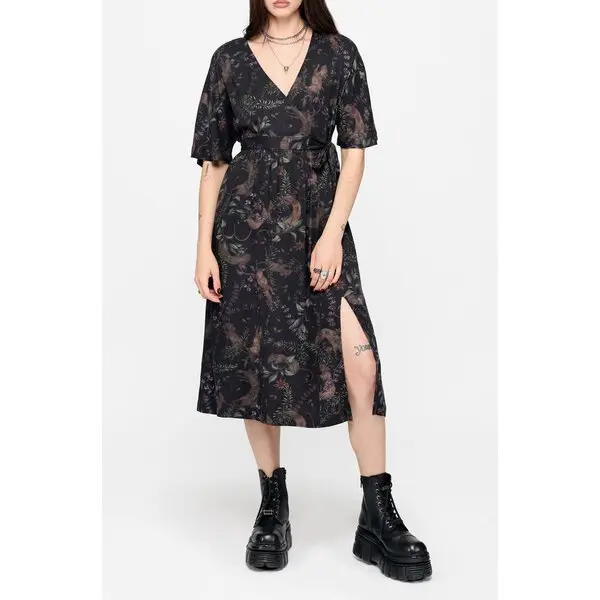 DISTURBIA Curio Print Wrap Front Midi Dress