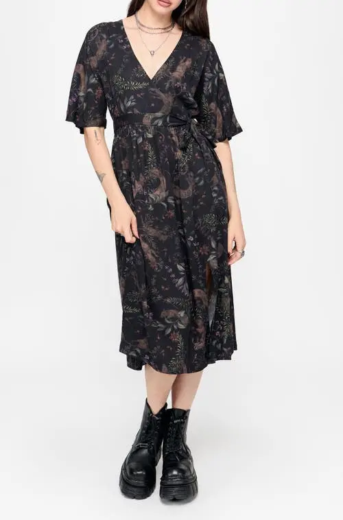 DISTURBIA Curio Print Wrap Front Midi Dress