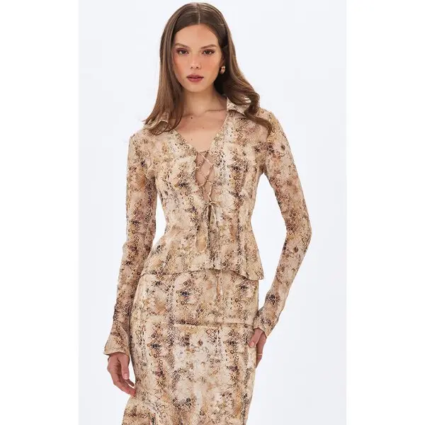 MISS CIRCLE NEW YORK Umara Reptile Print Chiffon Tie-front Top