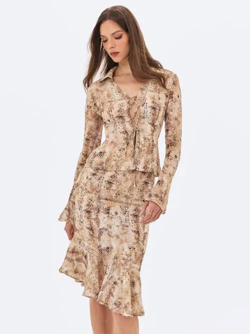 MISS CIRCLE NEW YORK Umara Reptile Print Chiffon Tie-front Top