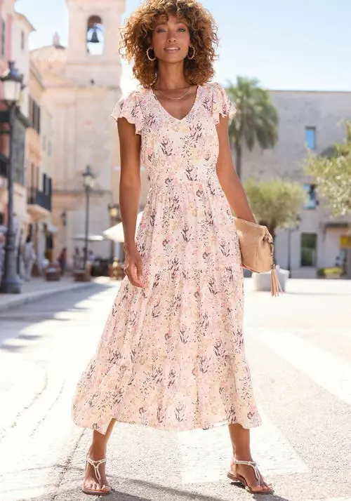 LASCANA Flutter Sleeve Floral Dress