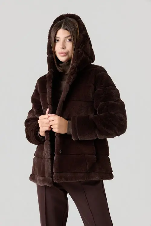 LE FAFO Hooded Faux Fur Coat - Brown