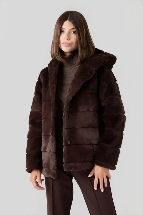 LE FAFO Hooded Faux Fur Coat - Brown