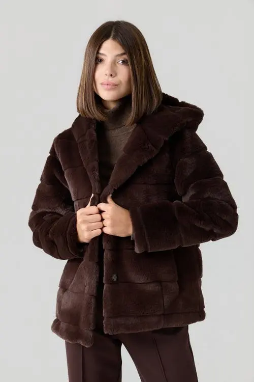 LE FAFO Hooded Faux Fur Coat - Brown