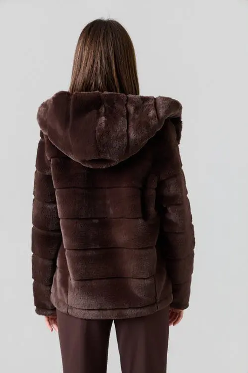 LE FAFO Hooded Faux Fur Coat - Brown