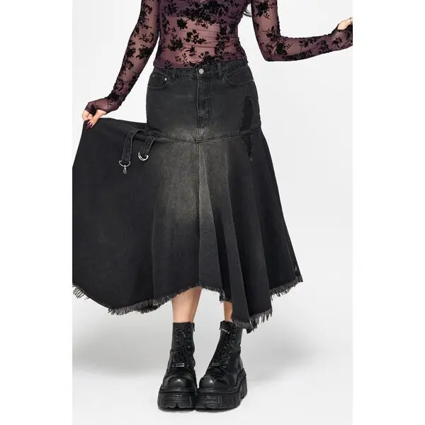 DISTURBIA Erica Hanky Hem Denim Midi Skirt