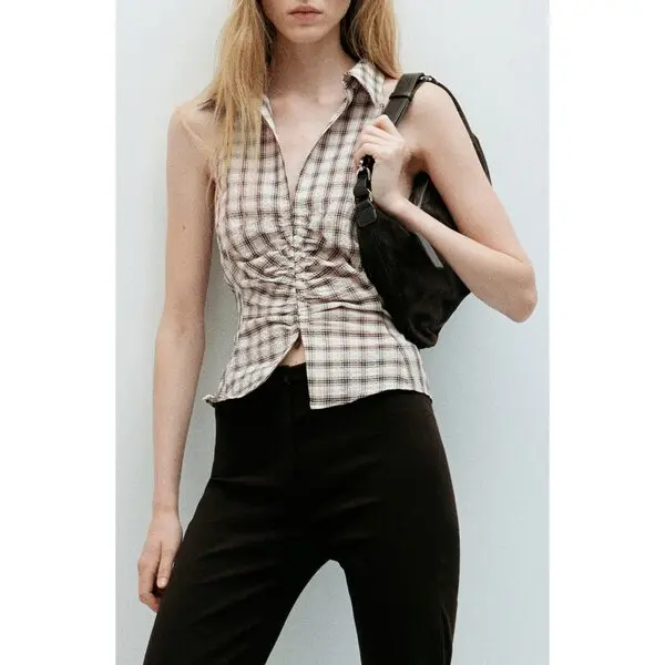 Mango Ruched V-neck Blouse - Brown