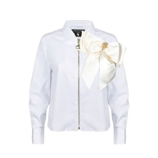 LAINES LONDON Neutrals Laines Couture Zip Shirt With Ivory Satin Bow Brooch - White