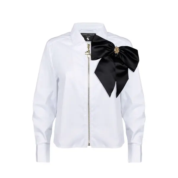 LAINES LONDON Laines Couture White Zip Shirt With Black Satin Bow Brooch - White/black