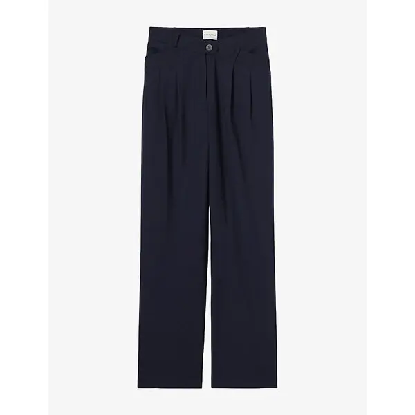 Claudie Pierlot Crossover-waist Wide-leg Mid-rise Wool-blend Trousers - Navy
