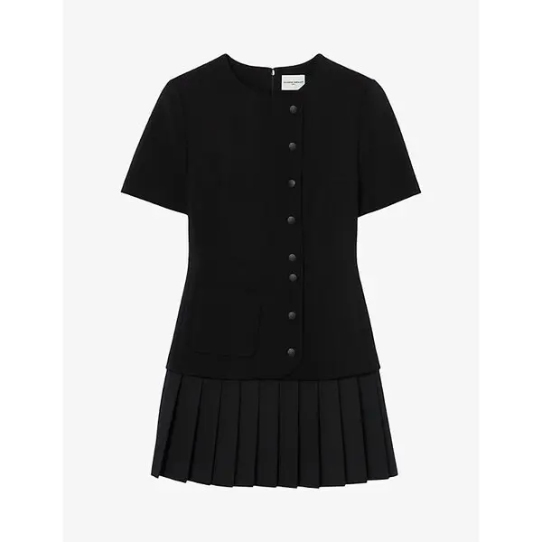 Claudie Pierlot Button-embellished Pleated-hem Woven Mini Dress - Black