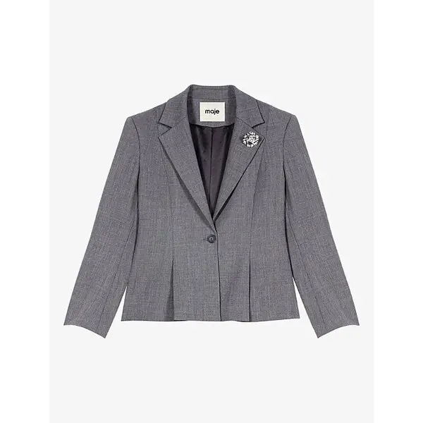 Maje Short Brooch-embellished Stretch Wool-blend Jacket - Grey
