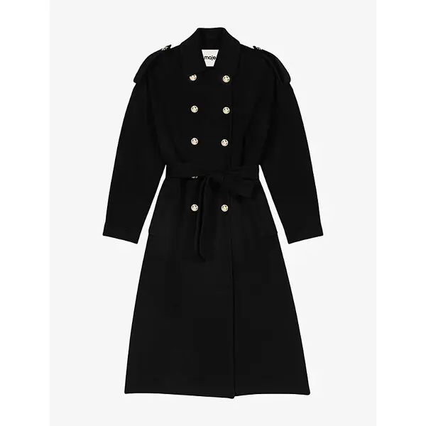 Maje Long Belted-waist Wool-blend Coat - Black