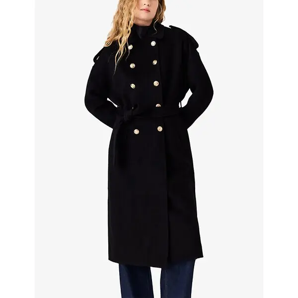 Maje Long Belted-waist Wool-blend Coat