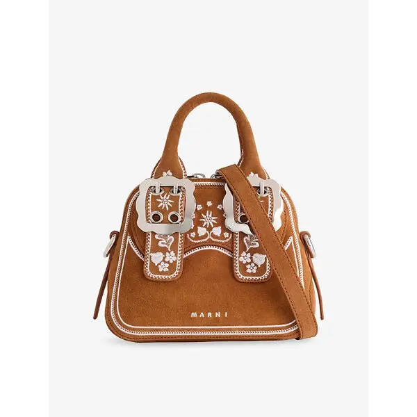 Marni Mini Belte Embroidered Suede Top Handle Bag - Moca