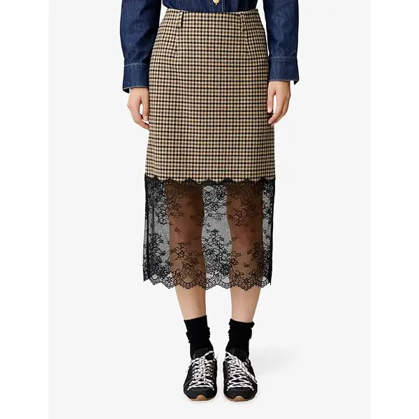 Claudie Pierlot Lace-hem Checked Wool-blend Midi Skirt