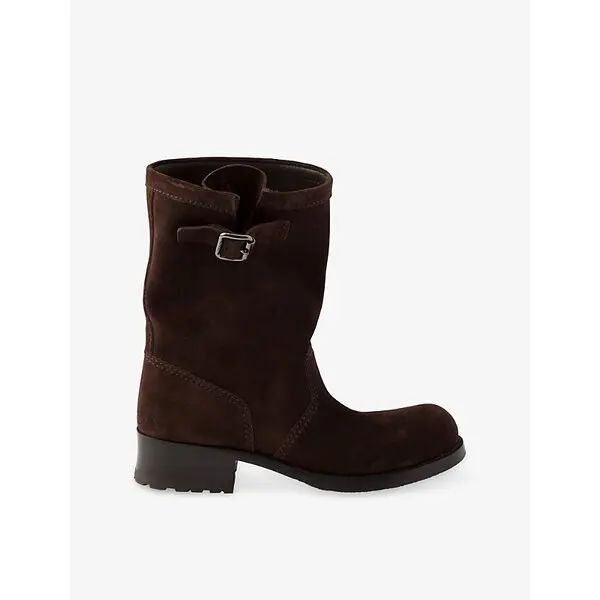 Prada Buckled Suede Mid-calf Boots - Brown