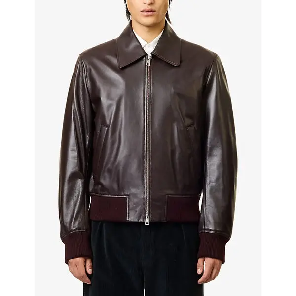 AMI Paris Collar Zipped Leather Jacket