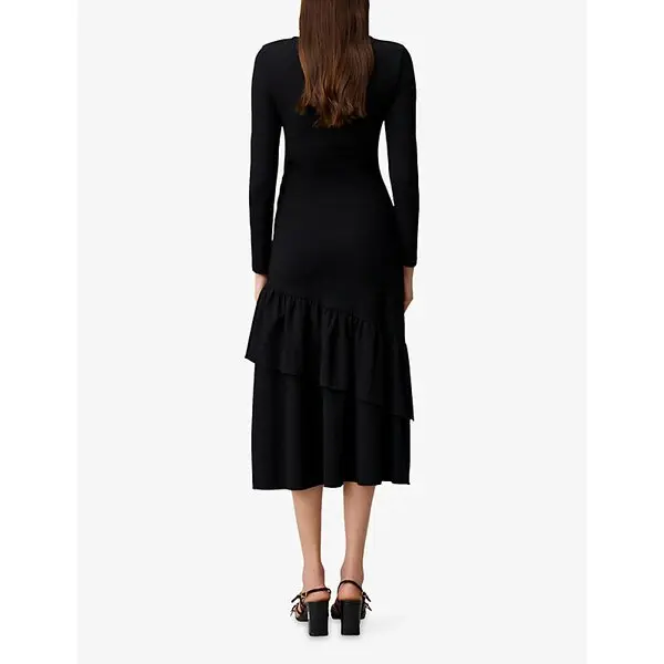Claudie Pierlot Ruffled Long-sleeve Stretch-knit Midi Dress