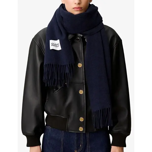 Claudie Pierlot Wide Fringed-trim Wool Scarf - Navy